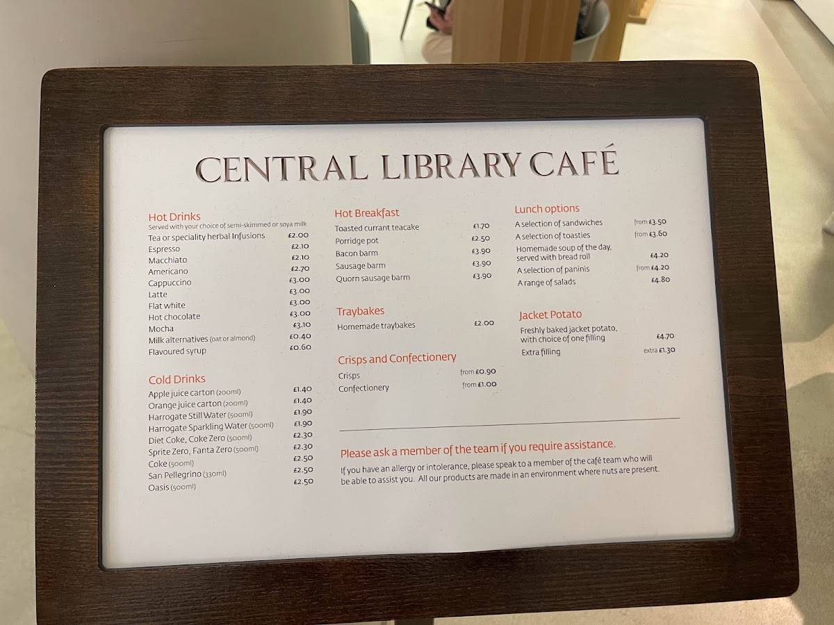 Carta de Central Library Cafe, Manchester