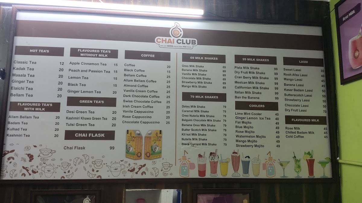 Menu at Chai club, Tirupati, Cherlopalli - Alipiri Rd