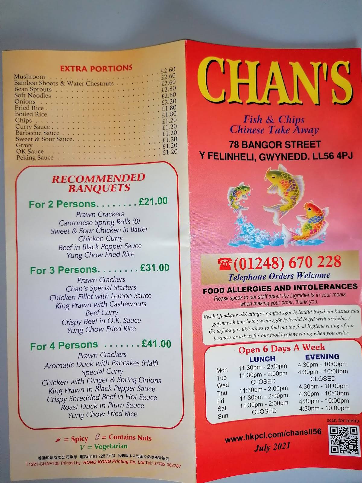 Menu at Chan's Fish and Chips fast food, Y Felinheli