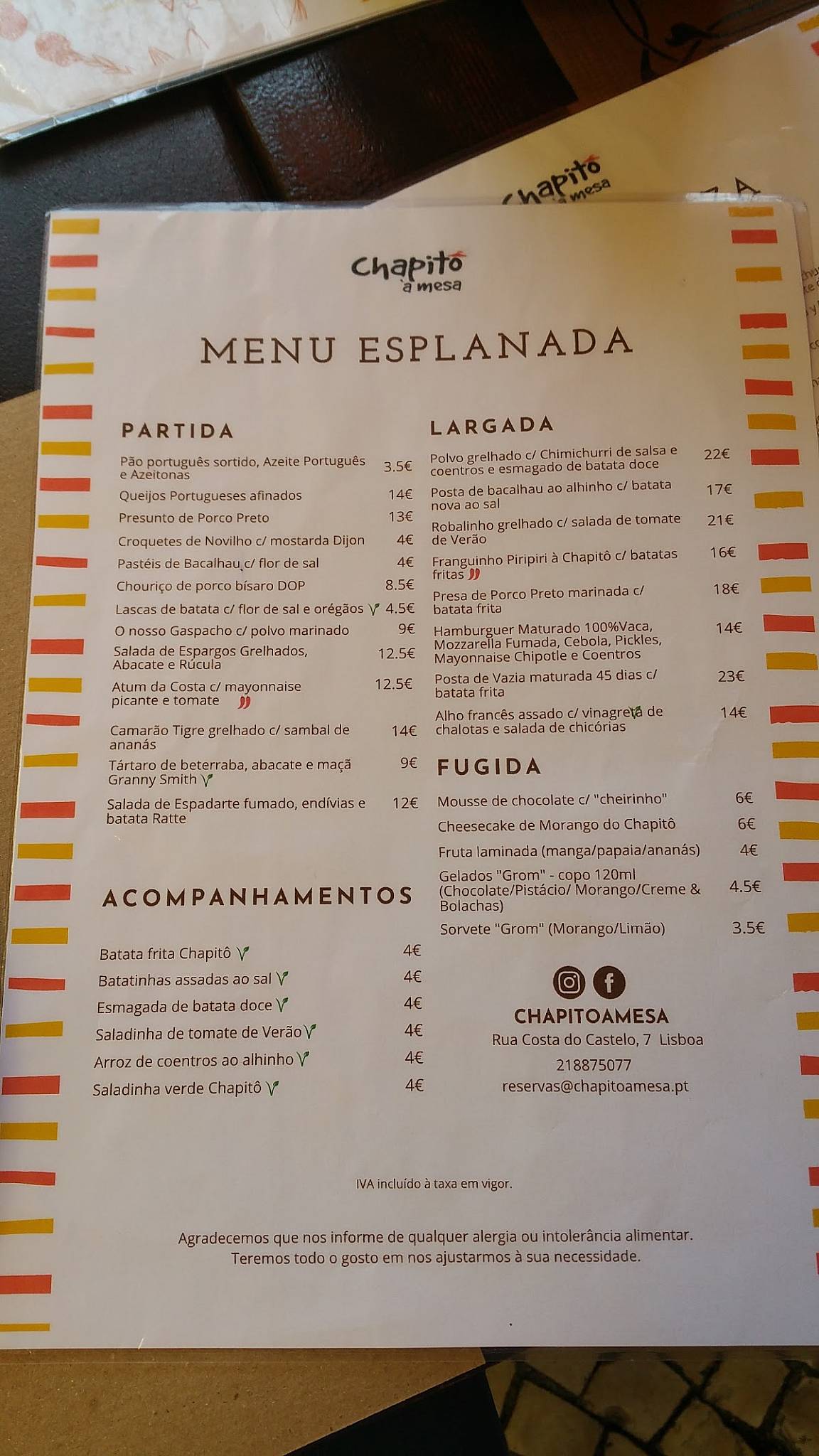 Menu at Chapitô à Mesa restaurant, Lisbon, Costa do Castelo 7
