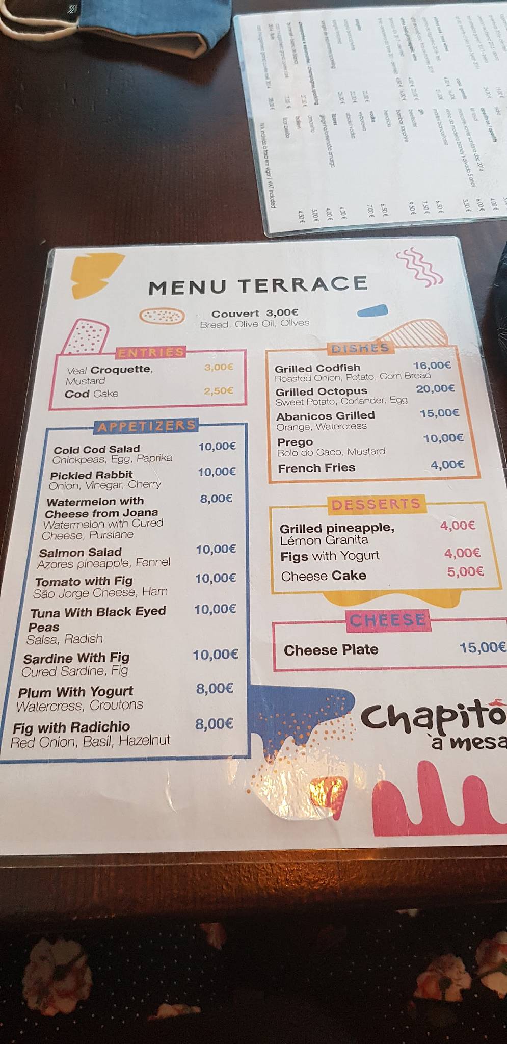 Menu at Chapitô à Mesa restaurant, Lisbon, Costa do Castelo 7