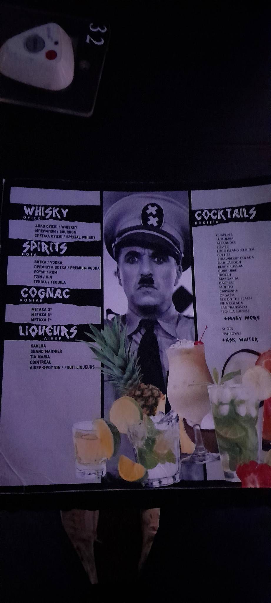 Menu at Chaplin's Beach Bar, Faliraki