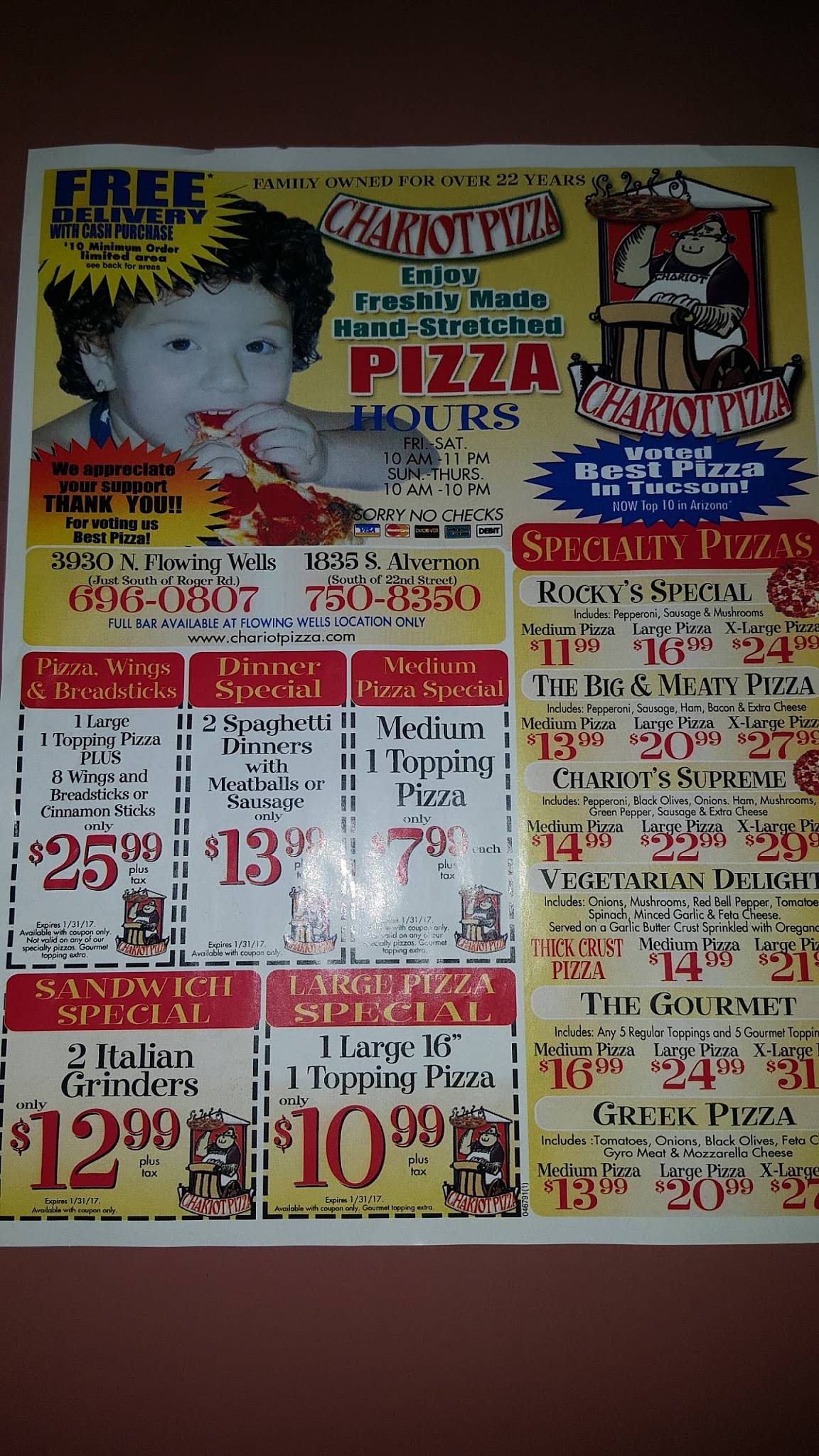 Menu at Chariot Pizza pizzeria, Tucson, N Flowing Wells Rd