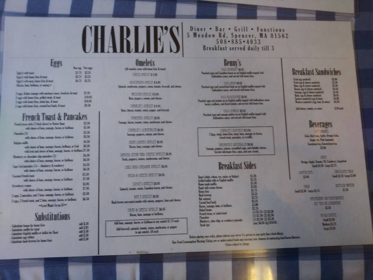 Menu at Charlie's Diner restaurant, Spencer