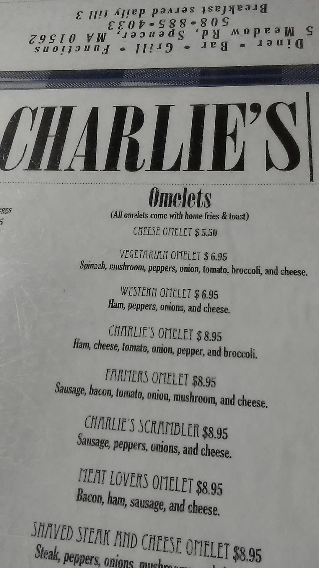Menu at Charlie's Diner restaurant, Spencer