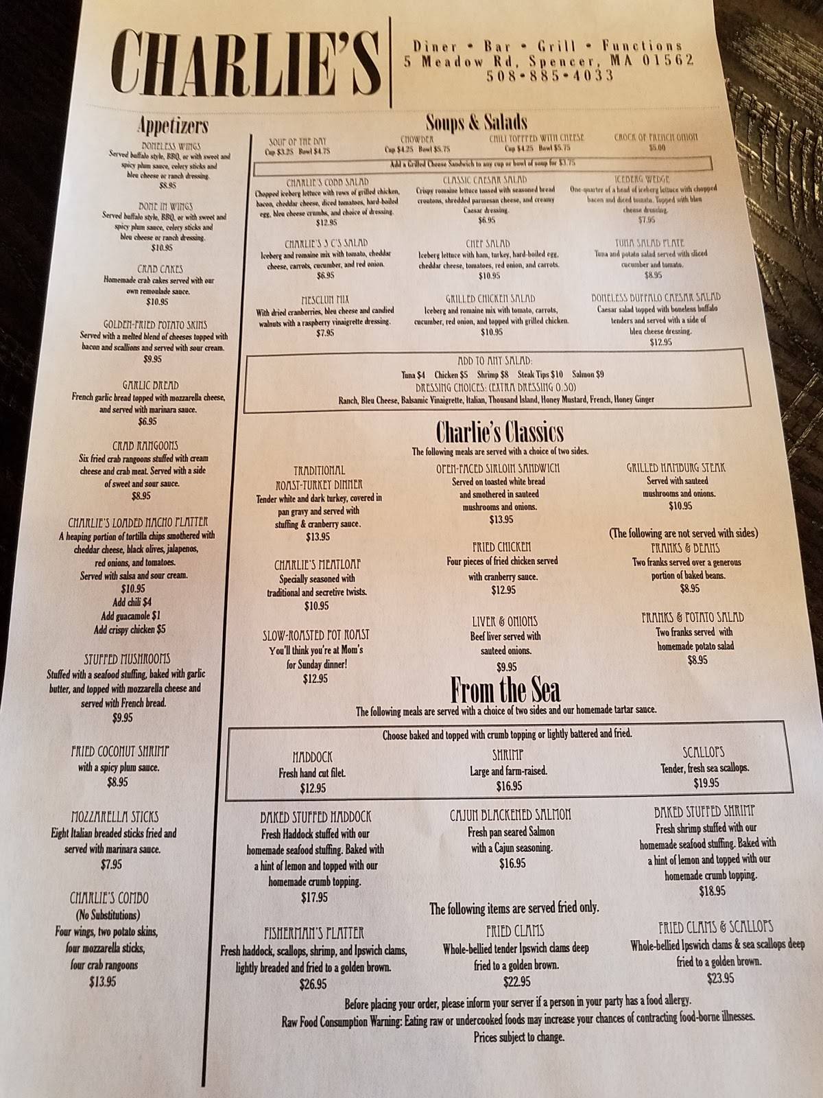 Menu at Charlie's Diner restaurant, Spencer
