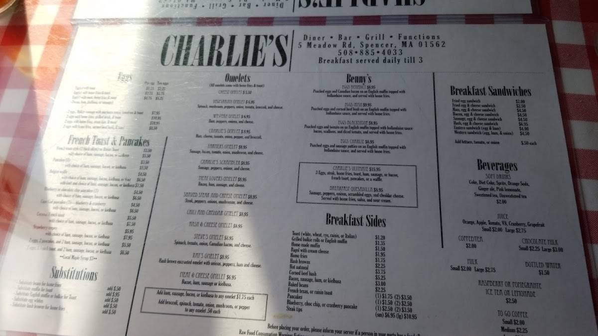 Menu at Charlie's Diner restaurant, Spencer