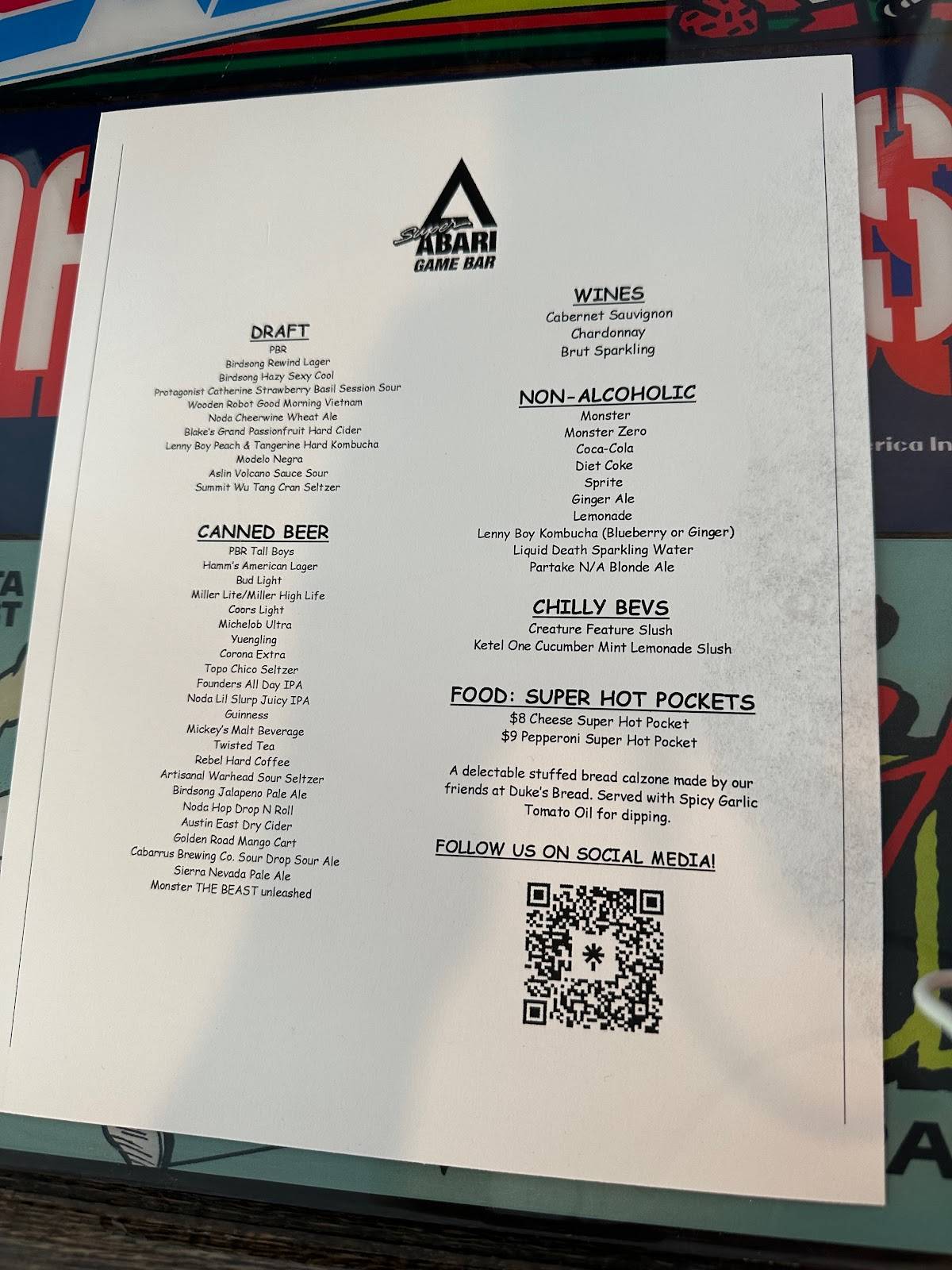 Menu at Super Abari Game Bar, Charlotte