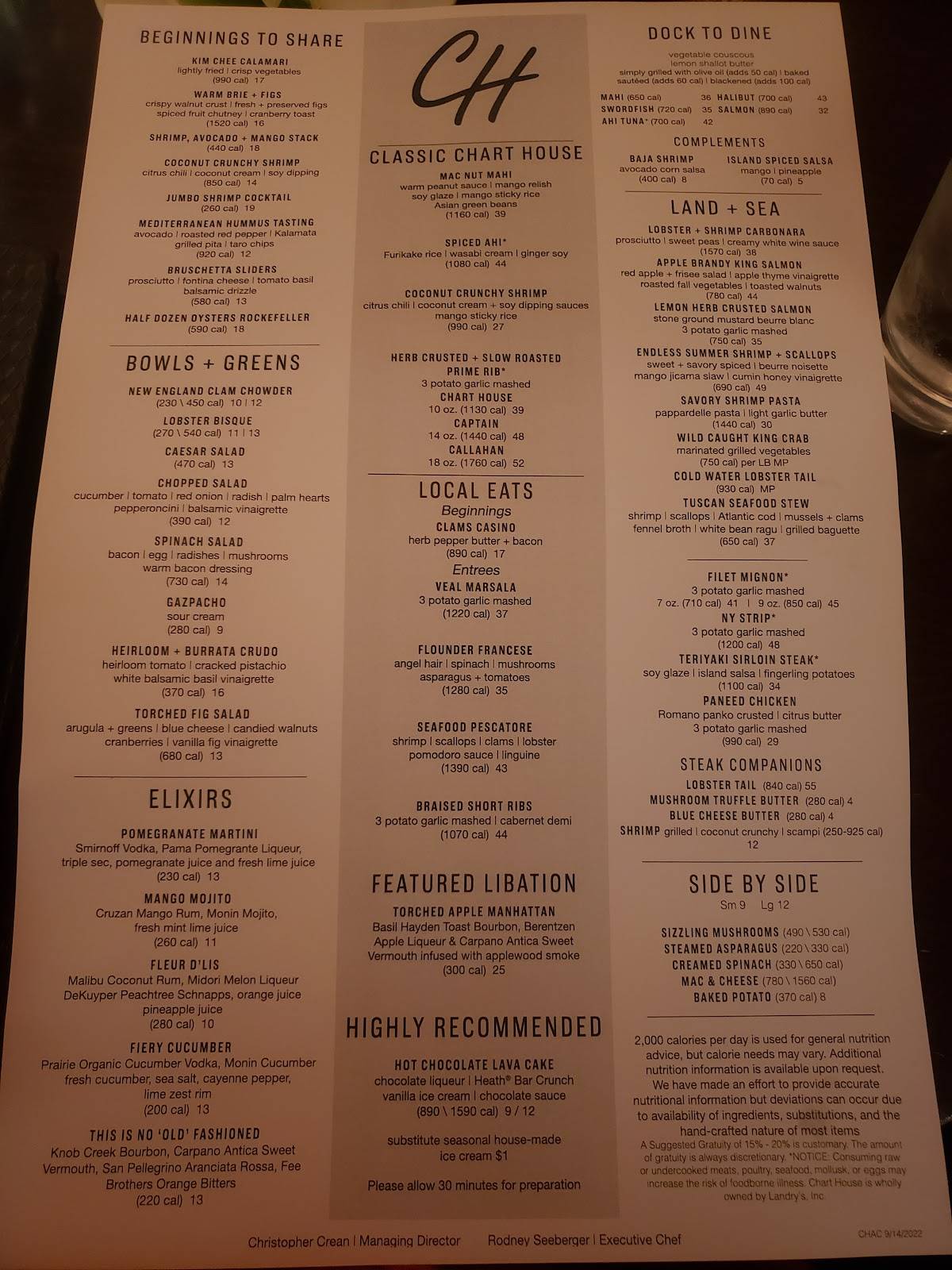 Menu at Chart House steakhouse, Atlantic City
