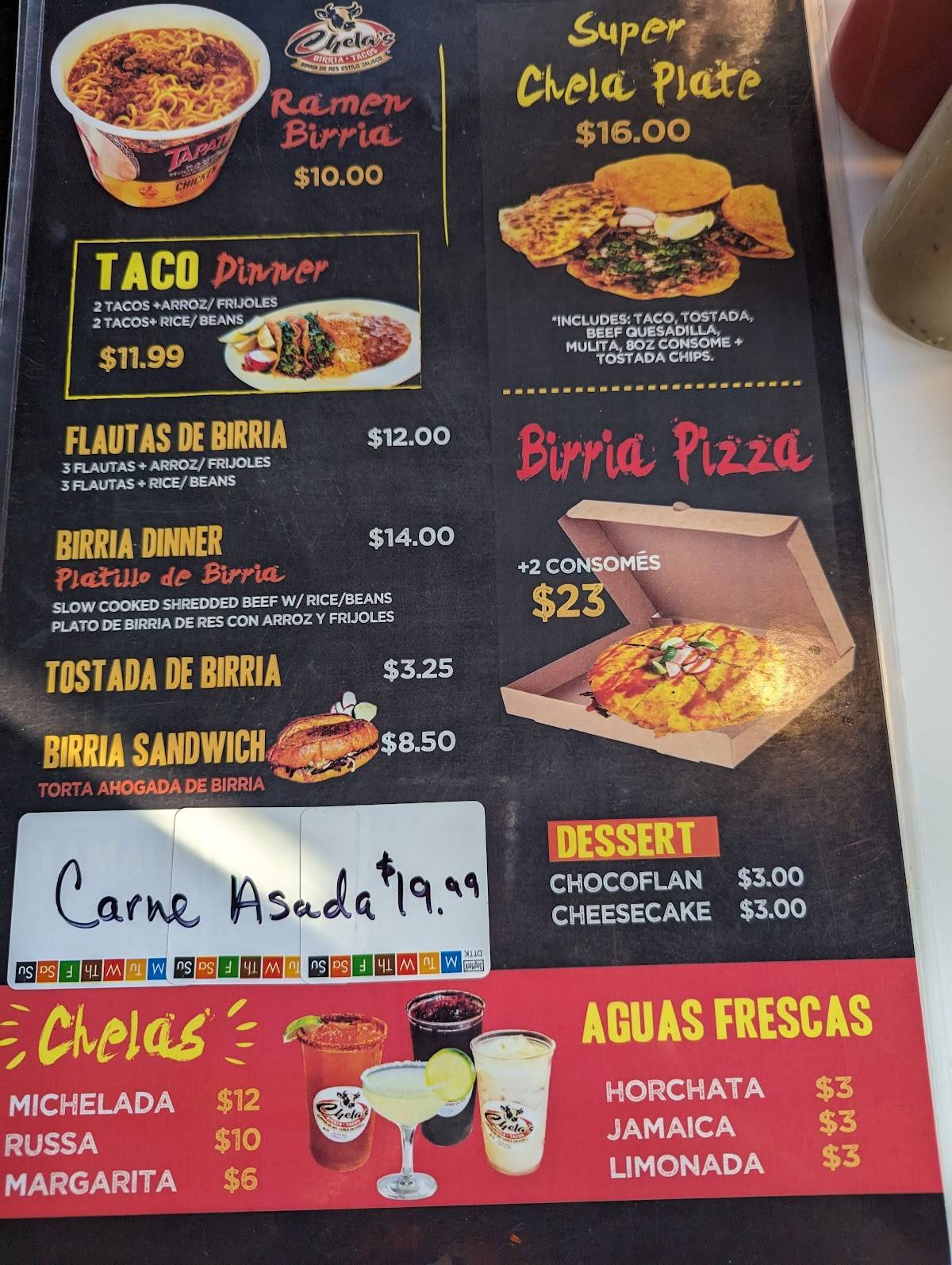 Menu at Chela's Birria Tacos restaurant, Whiting