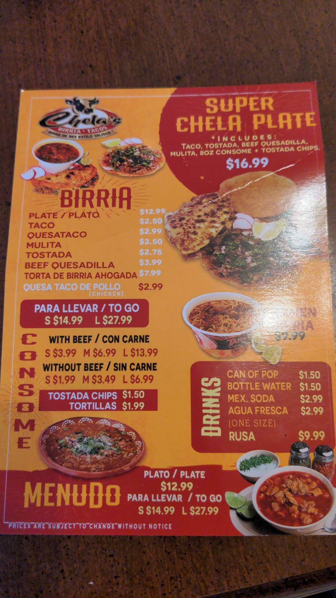 Menu at Chela's Birria Tacos restaurant, Whiting