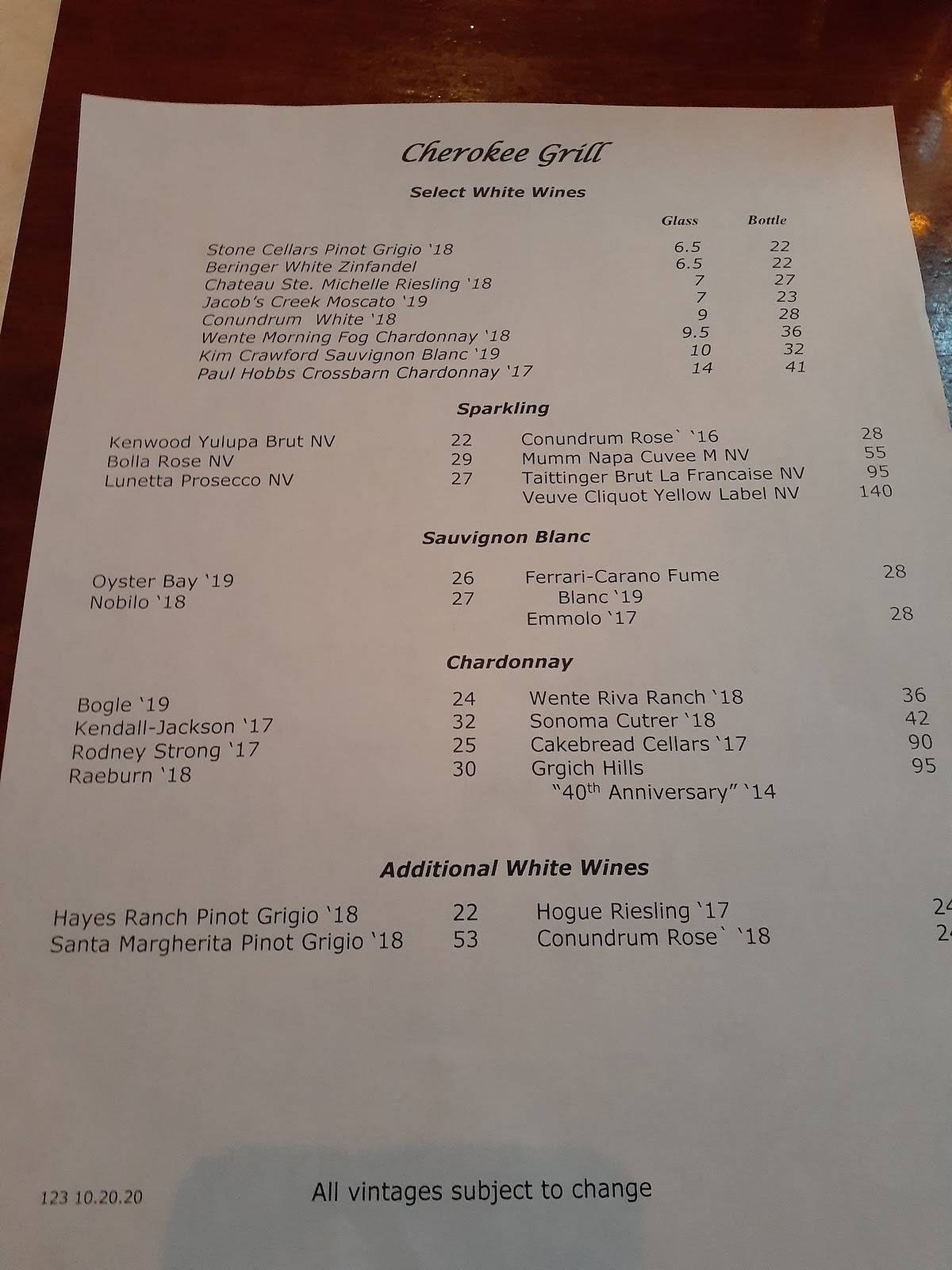 Menu at Cherokee Grill and Steakhouse, Gatlinburg