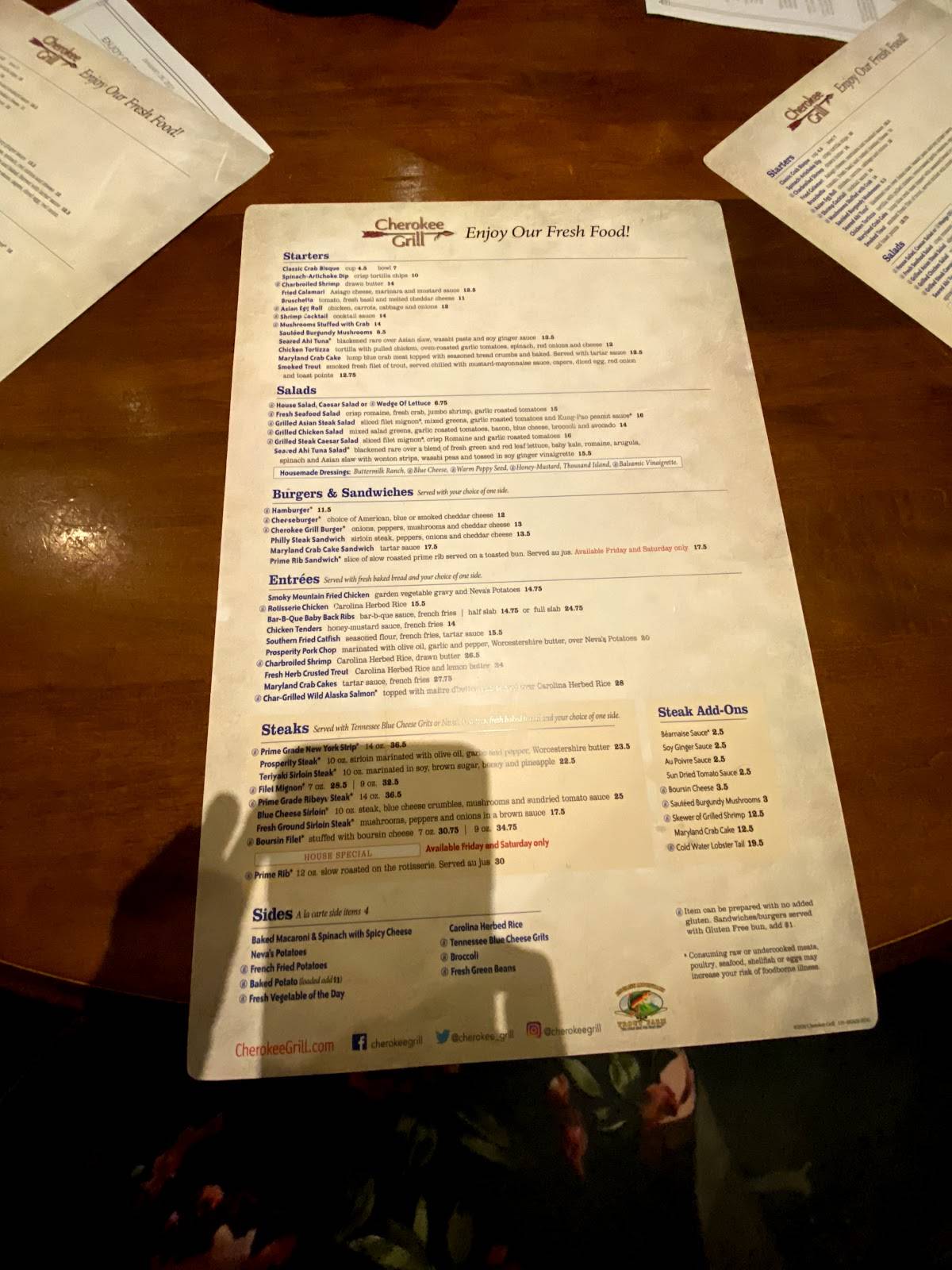 Menu at Cherokee Grill and Steakhouse, Gatlinburg