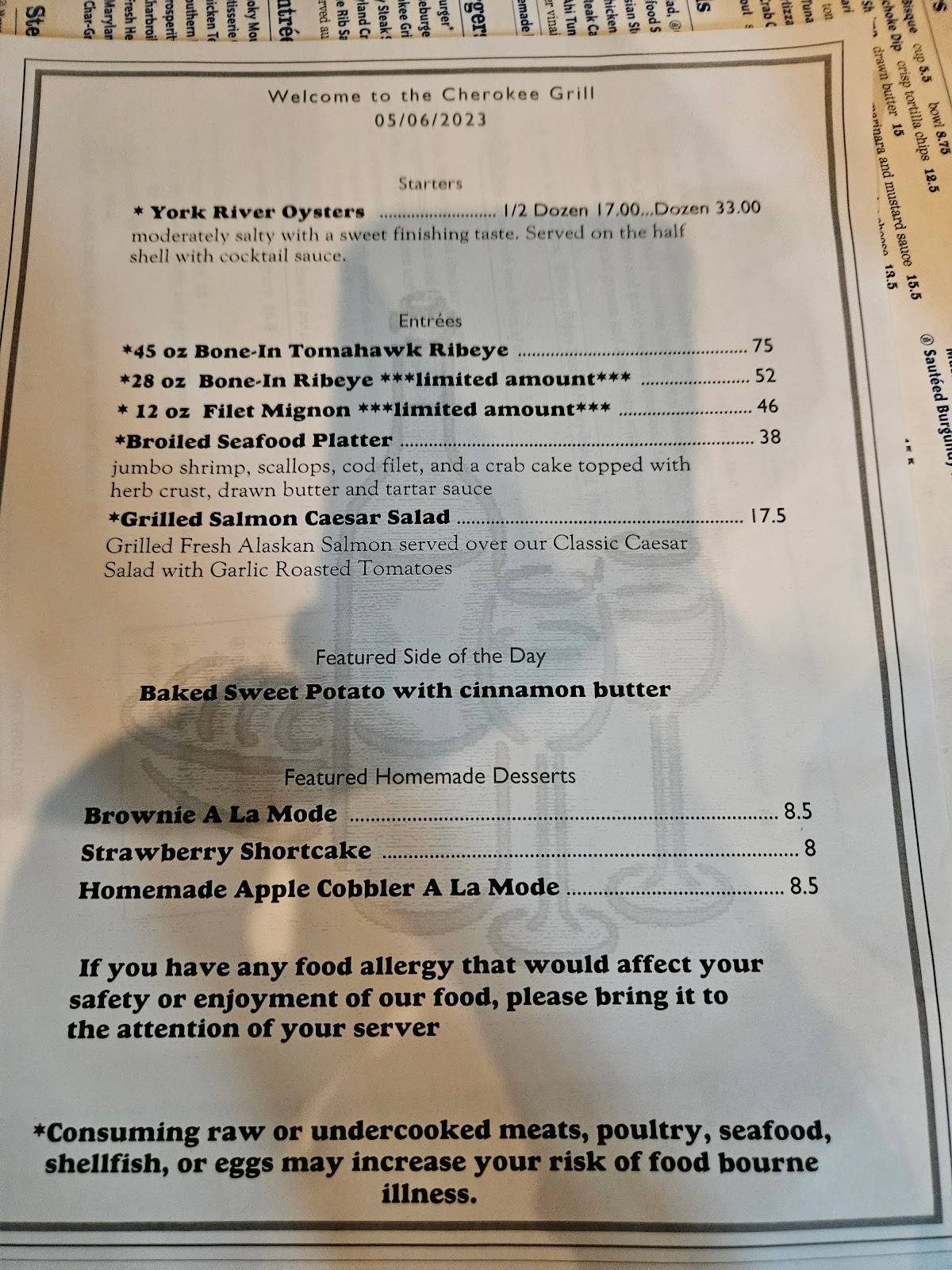 Menu at Cherokee Grill and Steakhouse, Gatlinburg