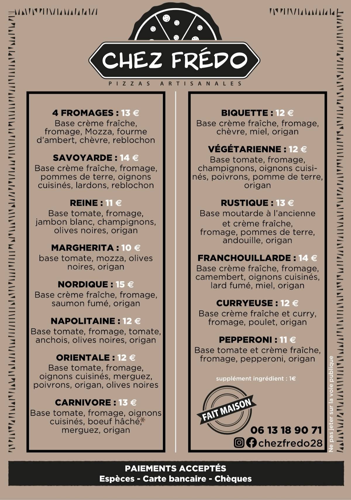 Menu at Chez fredo 28 pizzeria, France