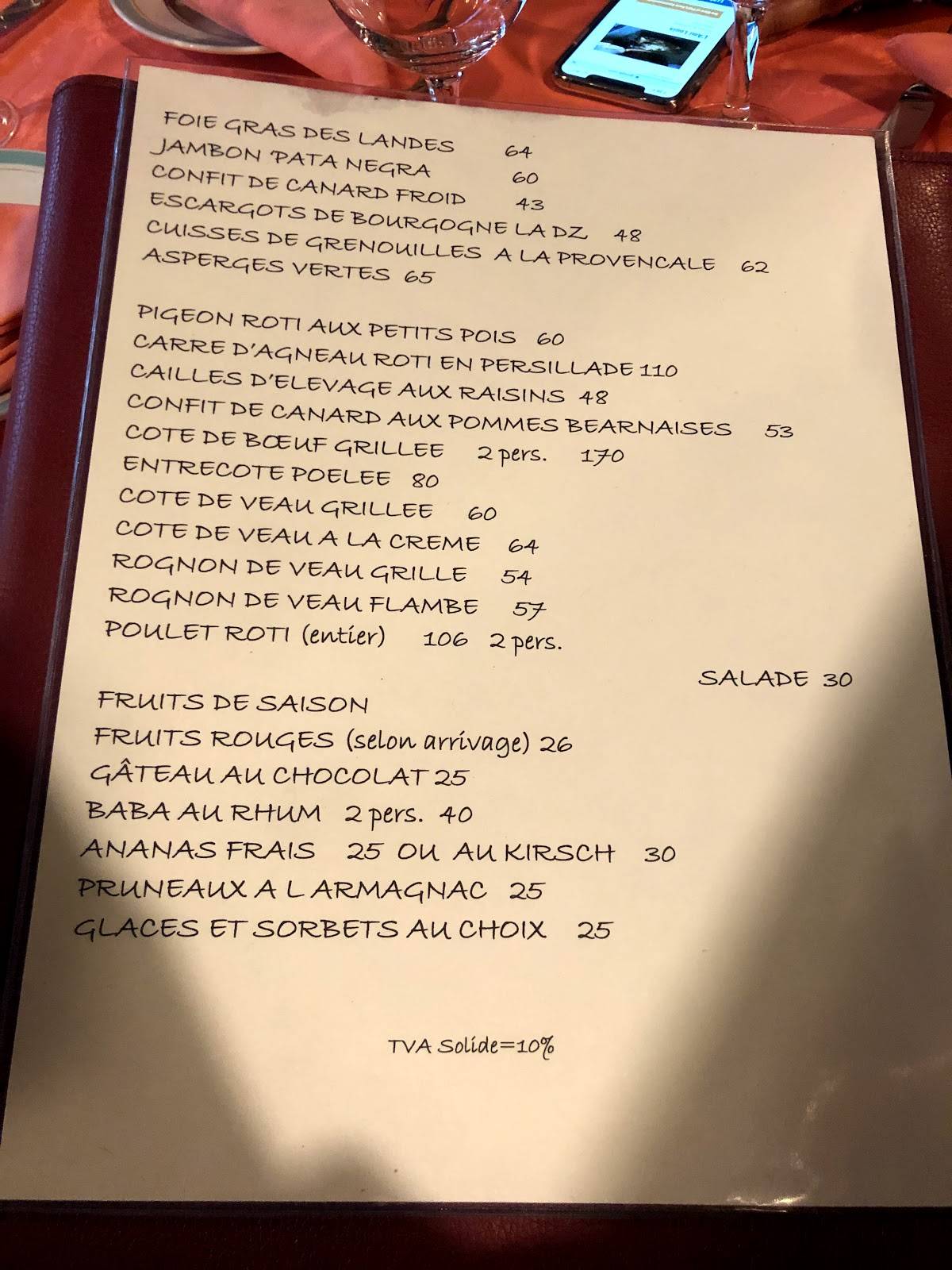 Menu at Chez l'Ami Louis restaurant, Paris, 32 Rue du Vertbois