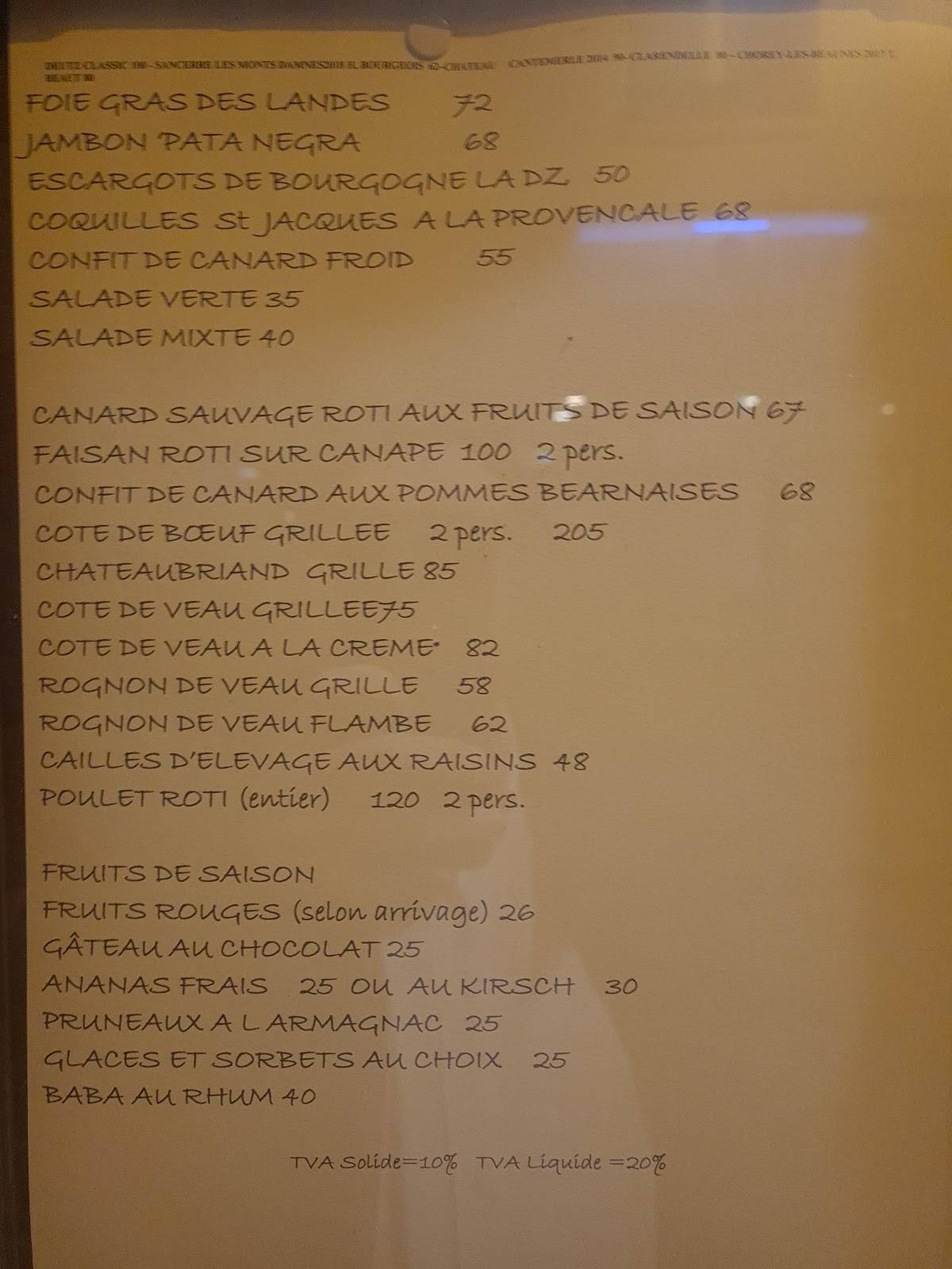 Menu at Chez l'Ami Louis restaurant, Paris, 32 Rue du Vertbois