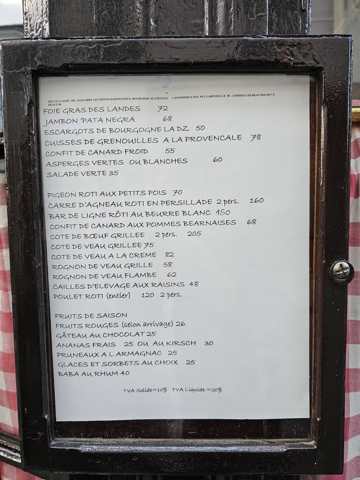 Menu at Chez l'Ami Louis restaurant, Paris, 32 Rue du Vertbois