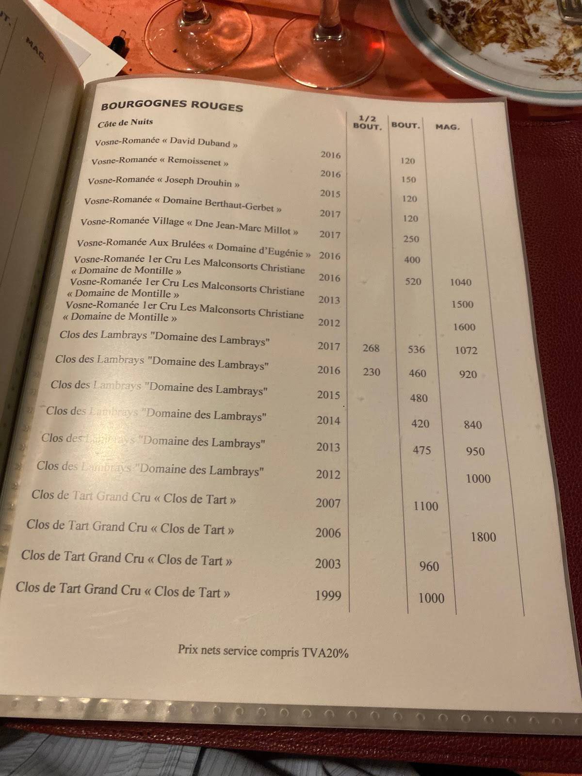 Menu at Chez l'Ami Louis restaurant, Paris, 32 Rue du Vertbois