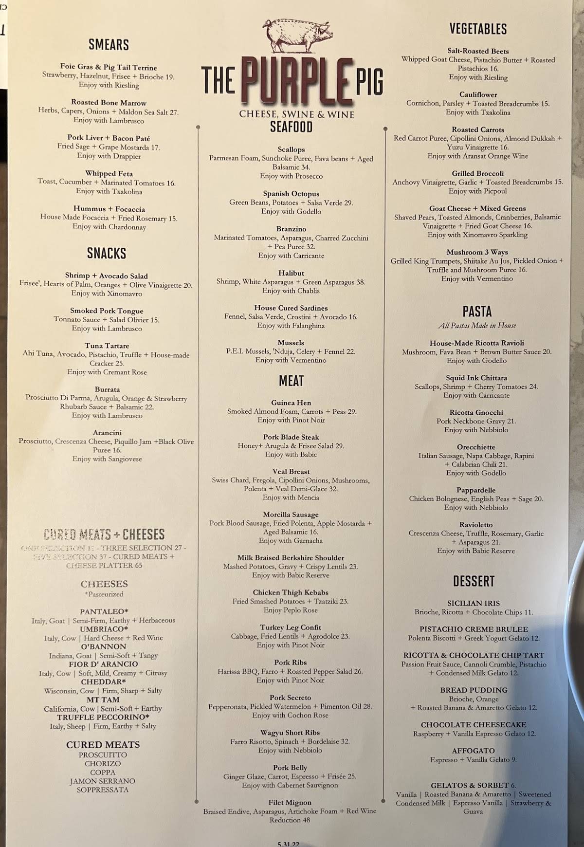Menu at The Purple Pig Restaurant, Chicago, 444 Michigan Ave