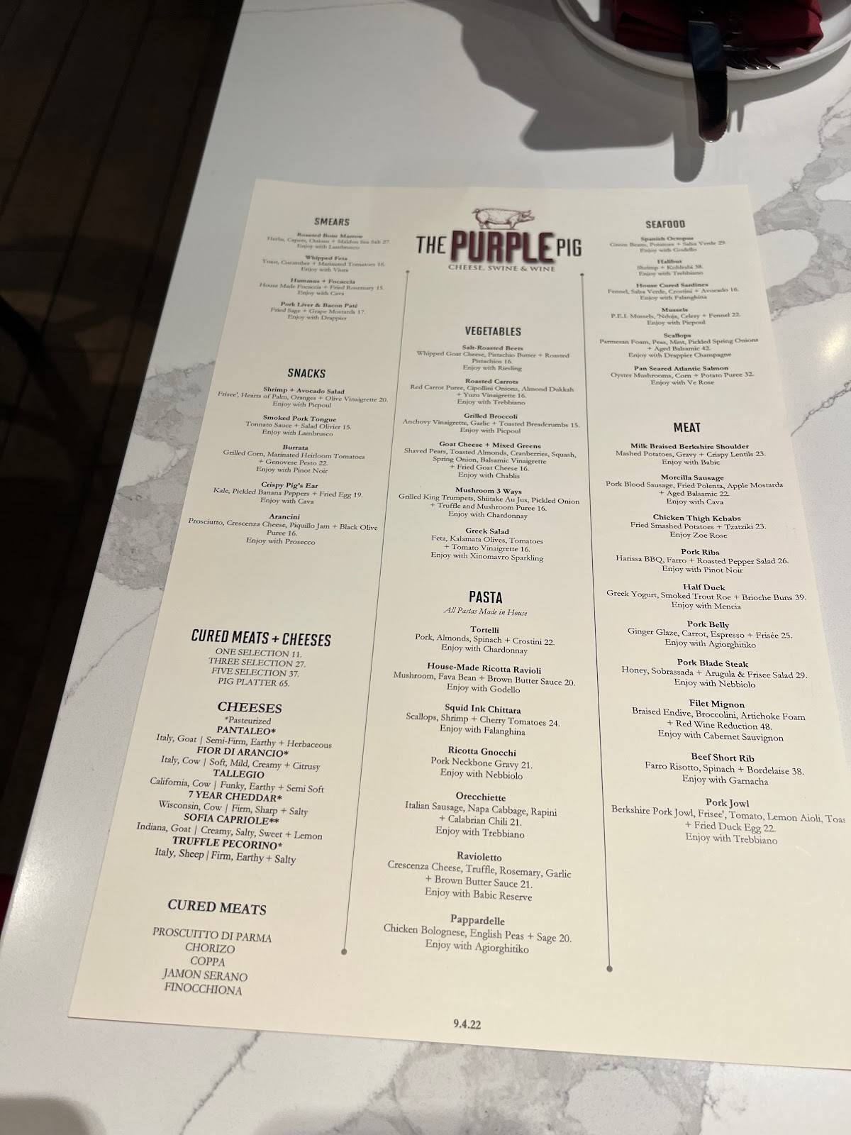 Menu at The Purple Pig Restaurant, Chicago, 444 Michigan Ave
