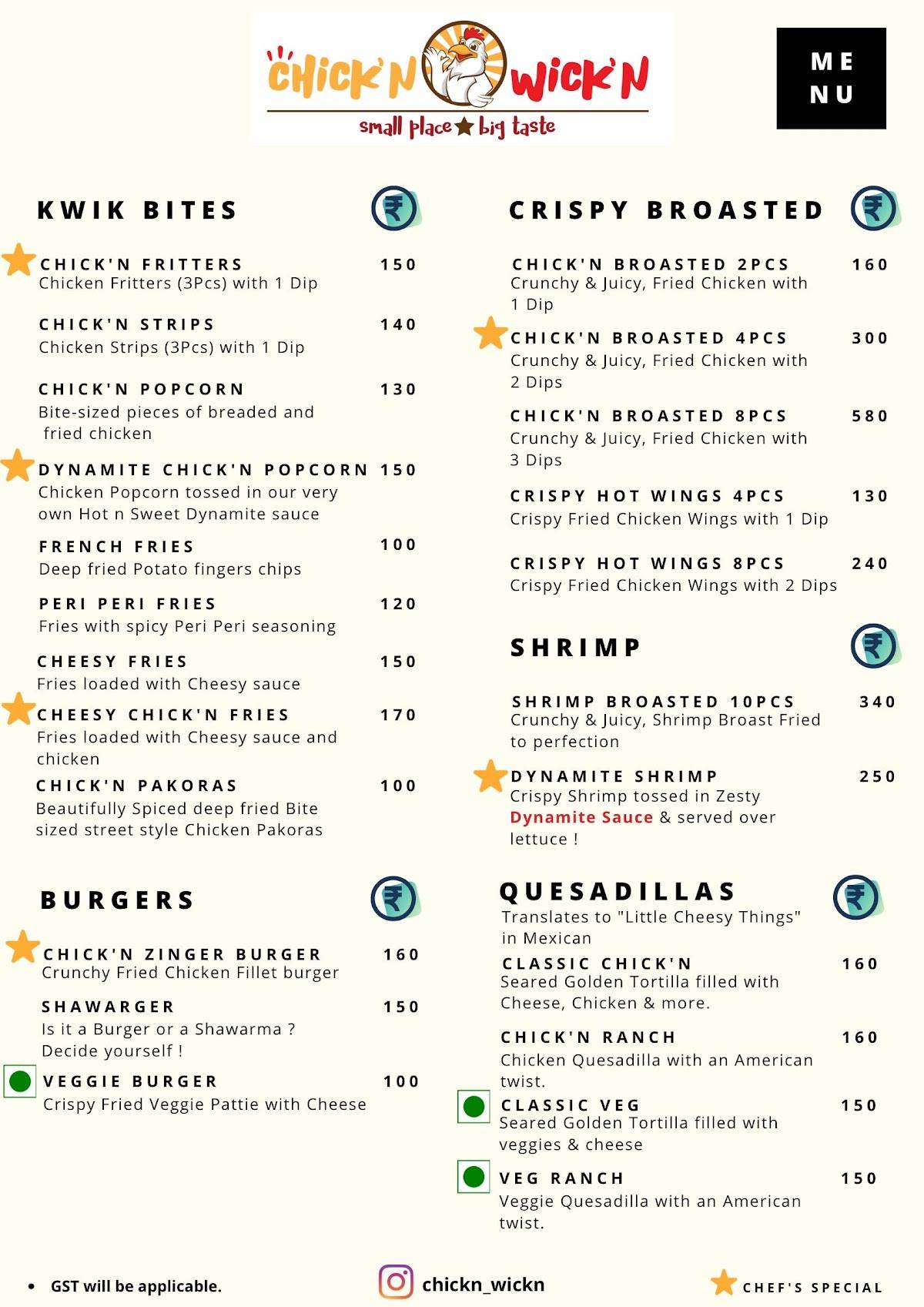 Menu at Chick'N Wick'N, Hyderabad