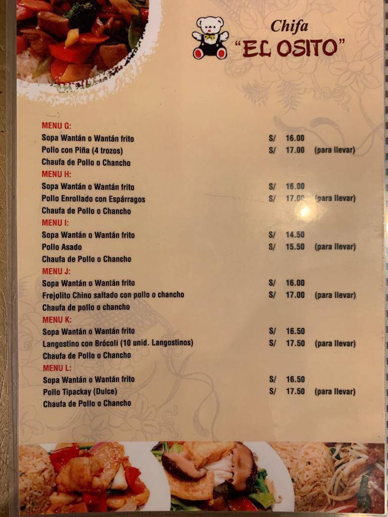 Carta del restaurante Chifa El Osito - Callao, Callao