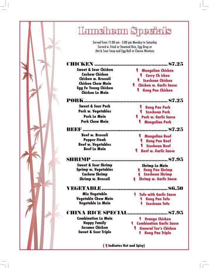 Menu at China Rice Restaurant, Cañon City, 1641 Fremont Dr