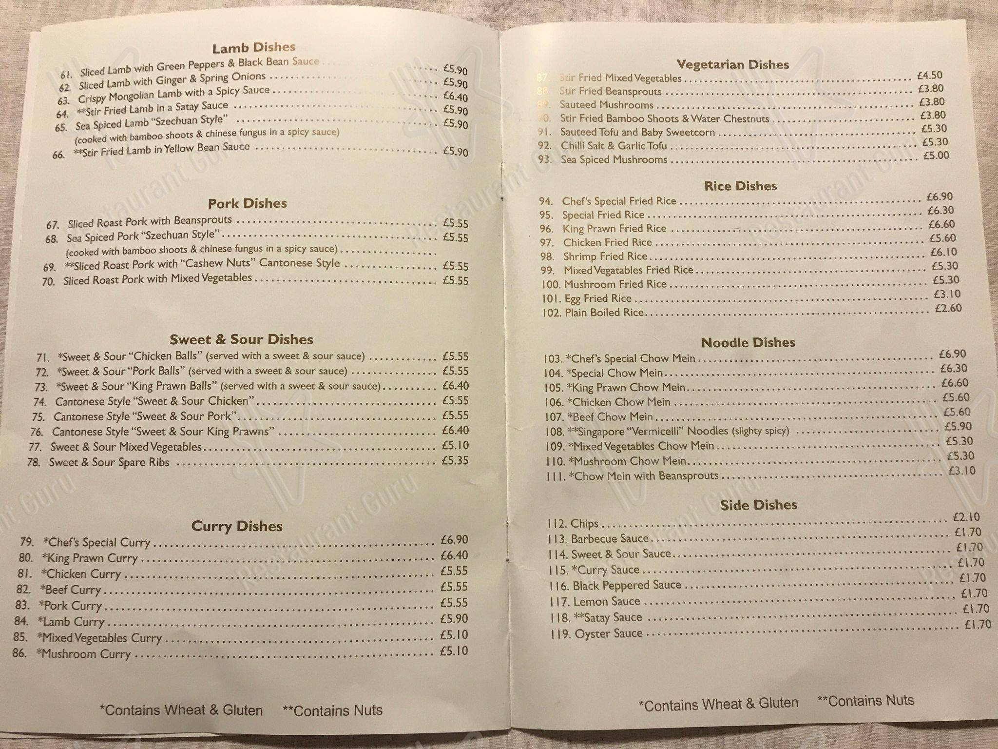 Menu at Chinese Whispers restaurant, Wimborne Minster