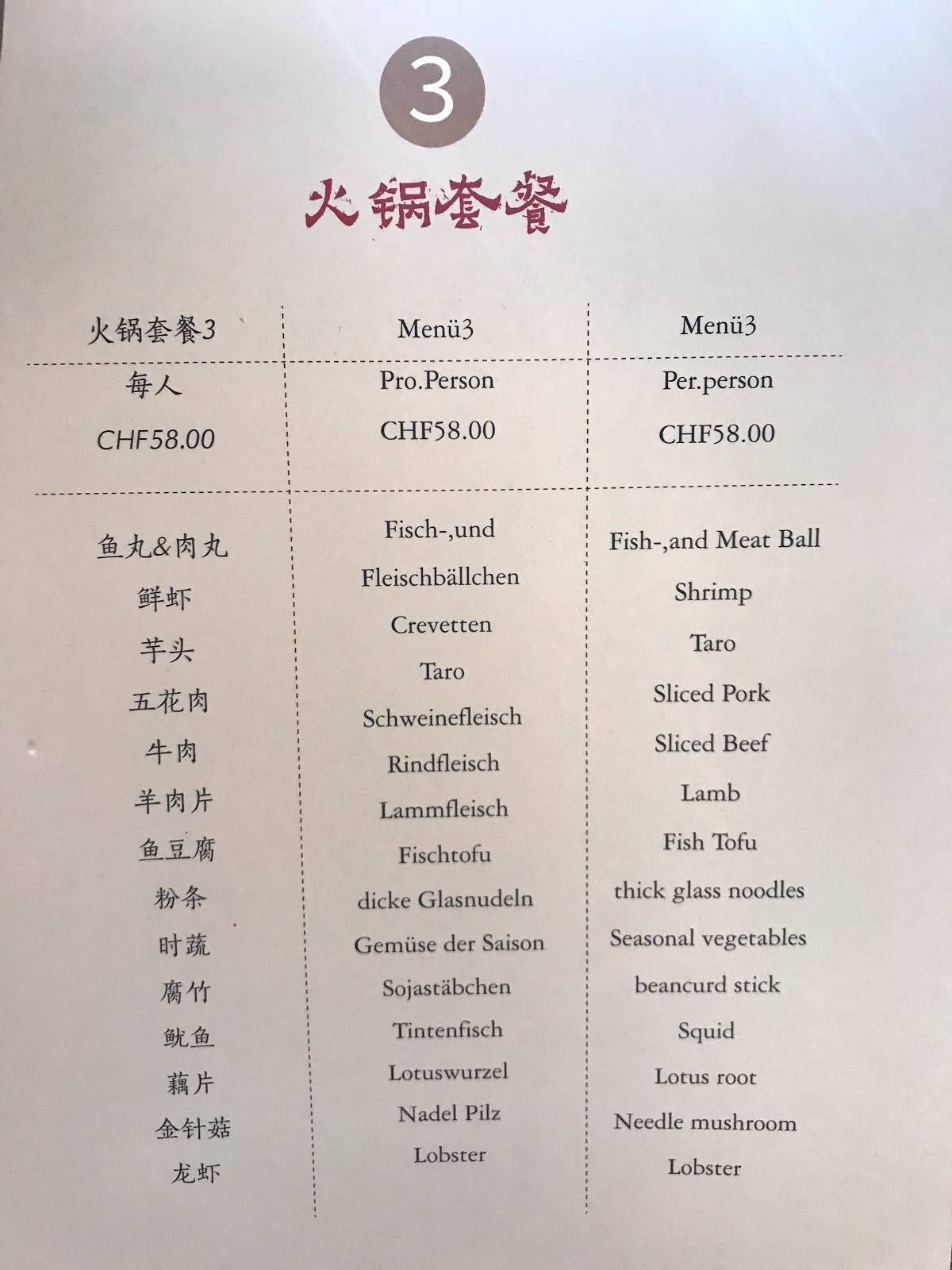 Menu at Chop-Stick, Zürich
