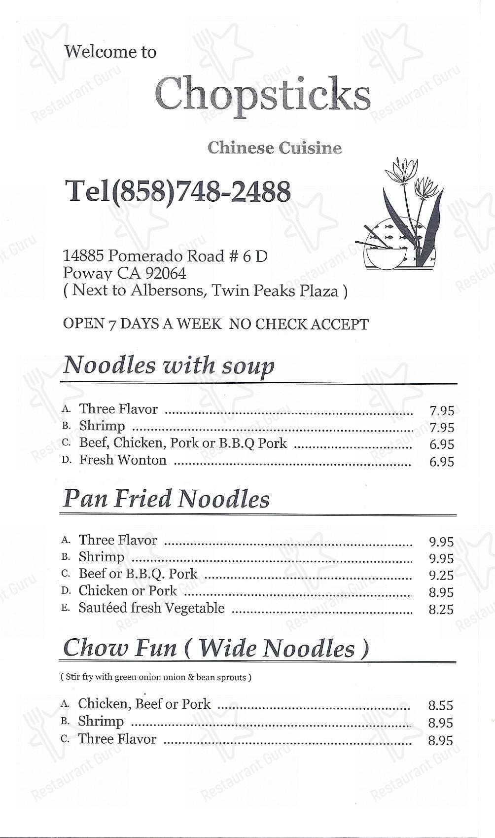 Menu at Chopsticks Chinese Cuisine restaurant, Poway, Pomerado Rd