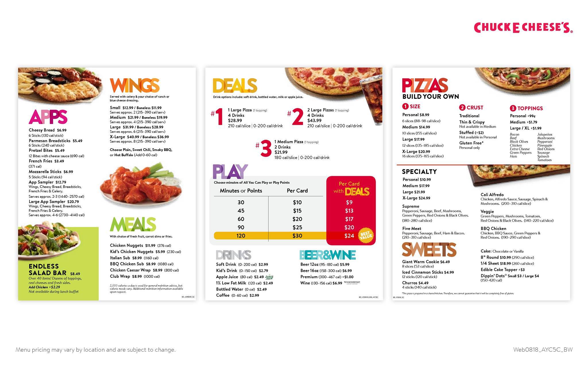 Carta de pizzería Chuck E. Cheese, Oceanside, Vista Way