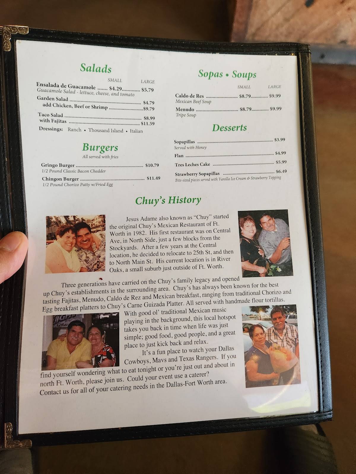 Menu at Chuy's Mexican Restaurant, Fort Worth, Boat Club Rd