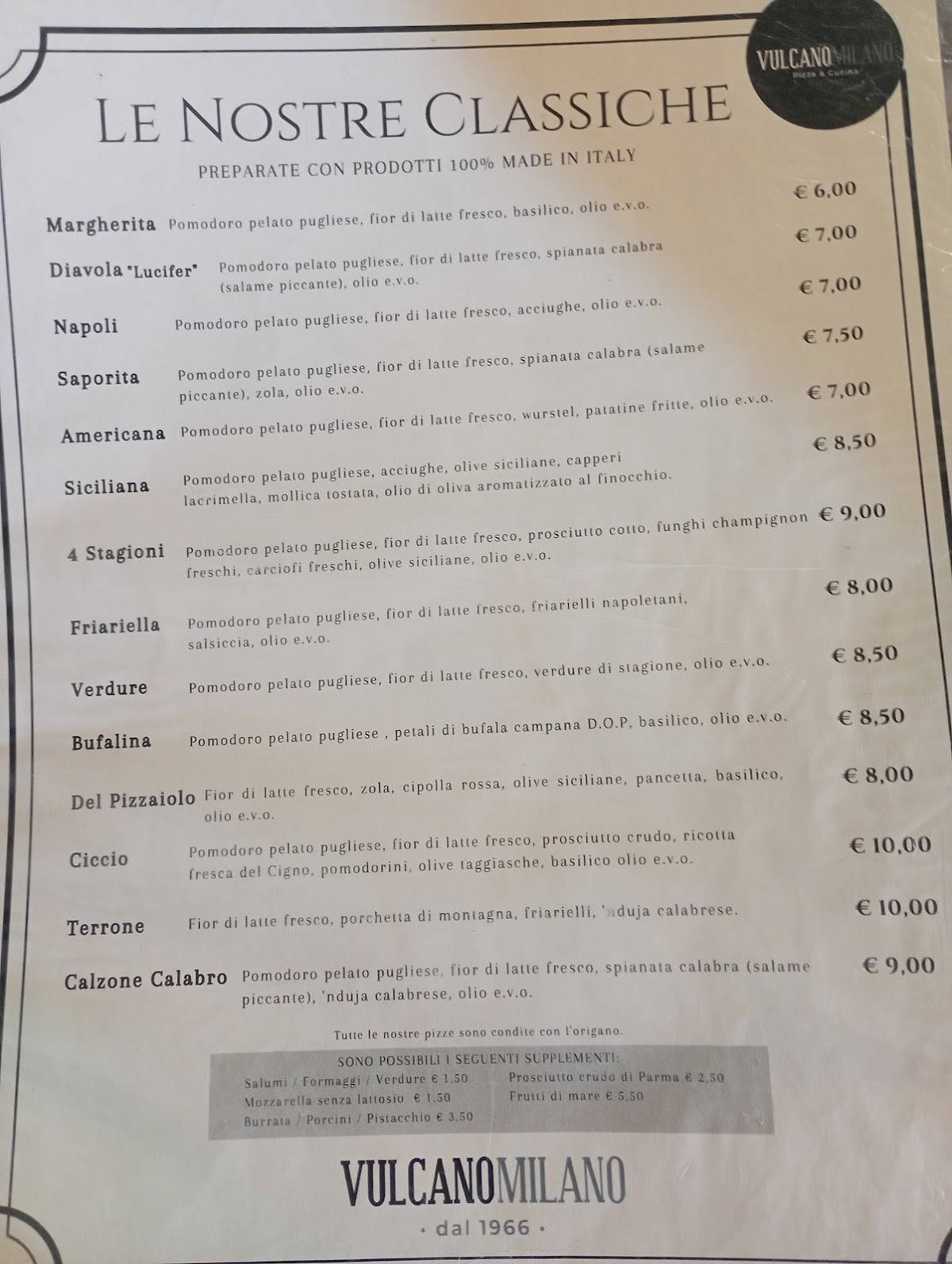 Menu da Vulcano Milano Pizza e Pesce ristorante, Cinisello Balsamo