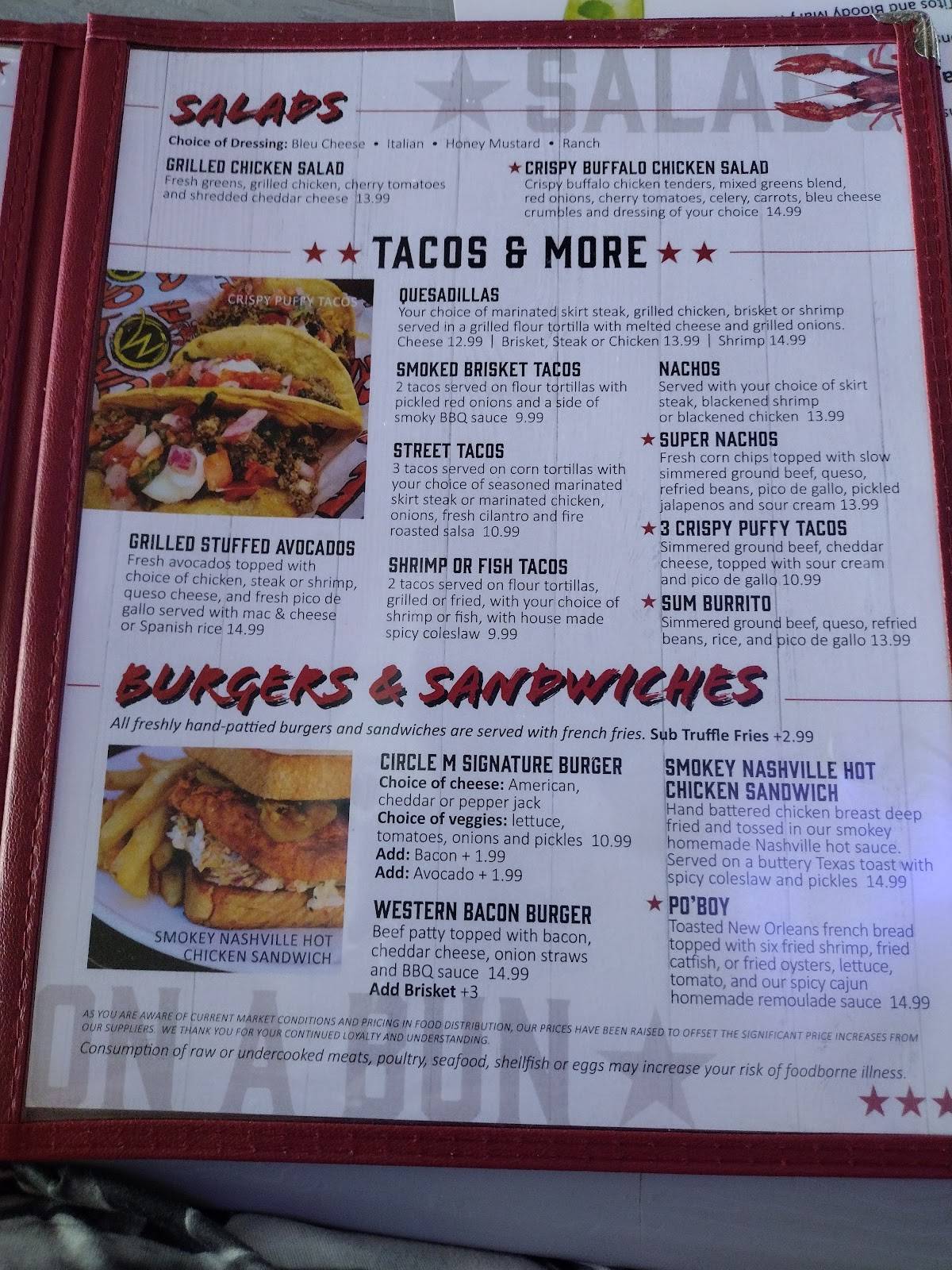 Menu at Circle M Crawfish restaurant, Big Sandy, State Hwy 155