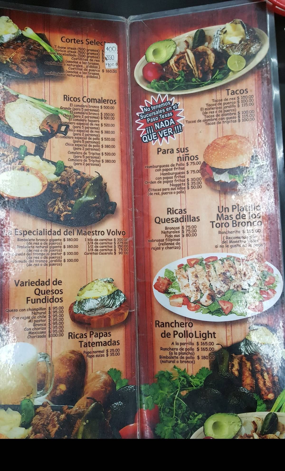 Carta del restaurante Toro Bronco, Ciudad Juarez, Blvd. Óscar Flores 5105