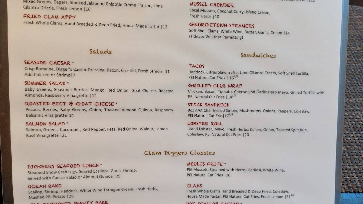 Menu at Clam Diggers Beach House & Restaurant, Cardigan