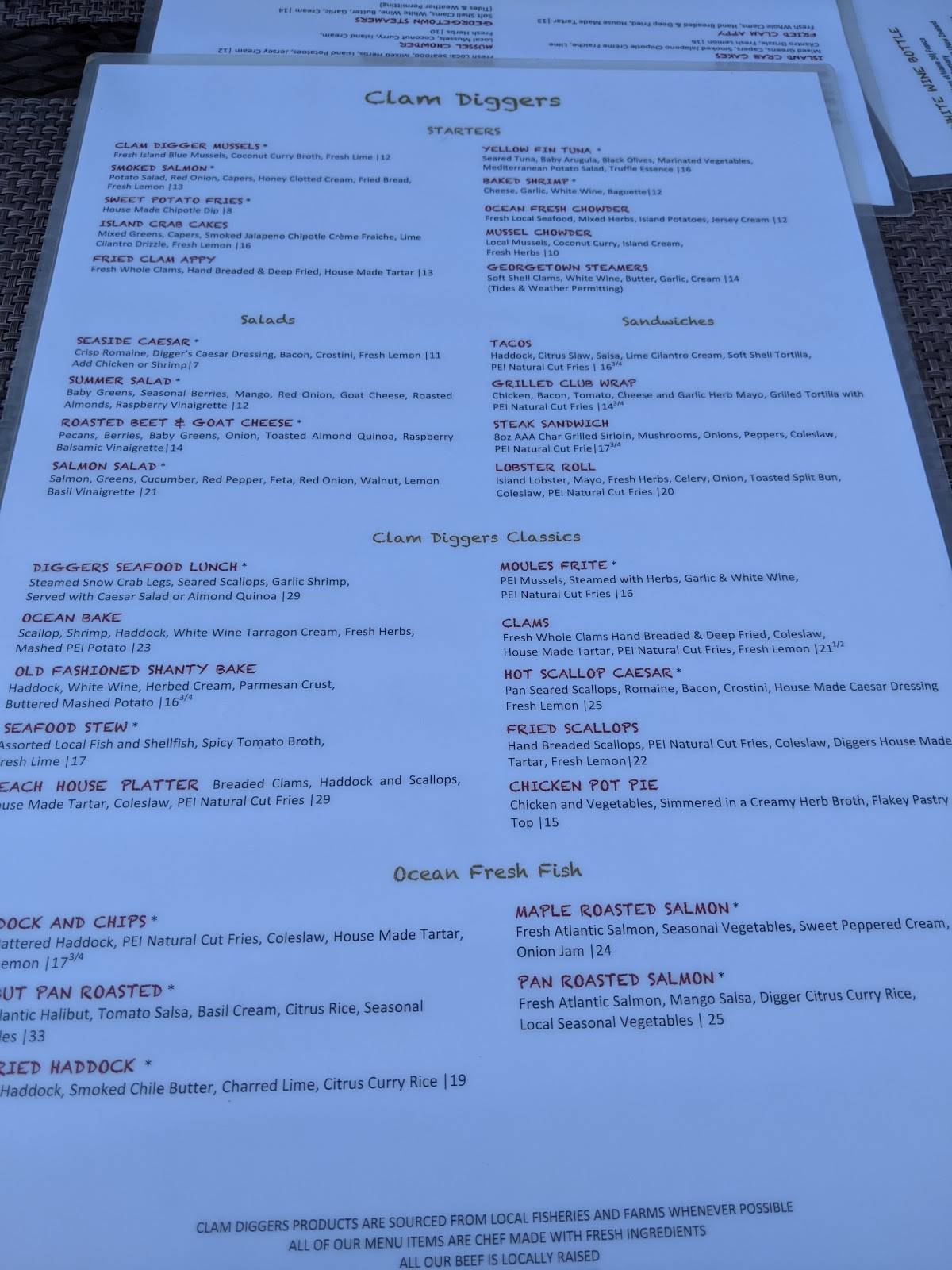 Menu at Clam Diggers Beach House & Restaurant, Cardigan