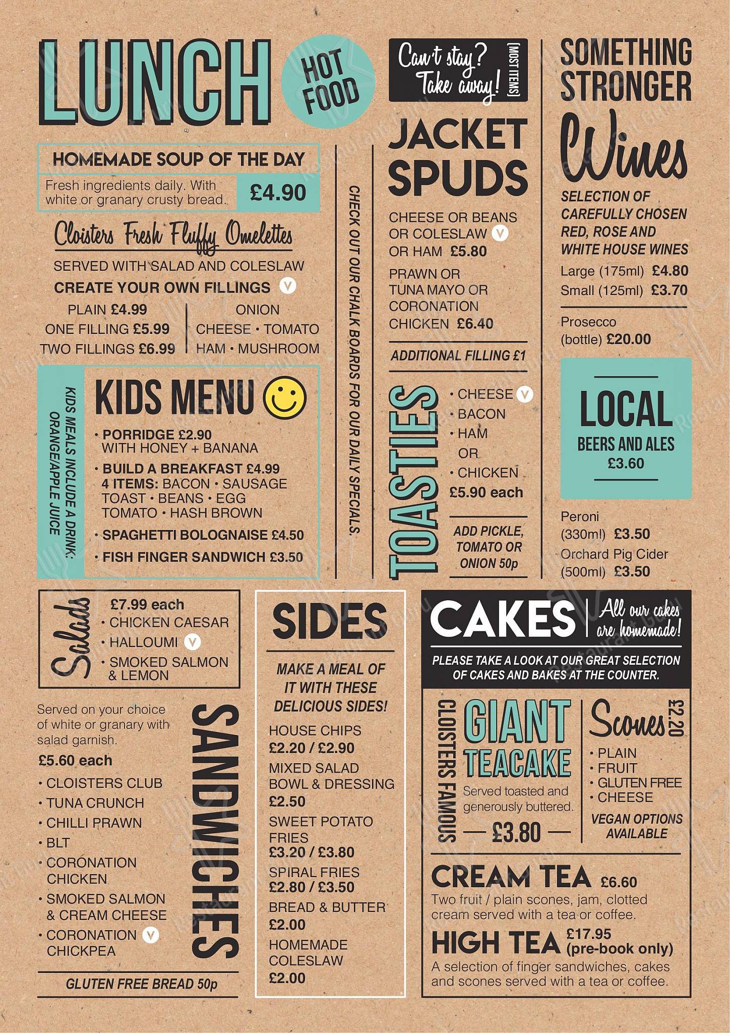 Menu at Cloisters cafe, Wimborne Minster