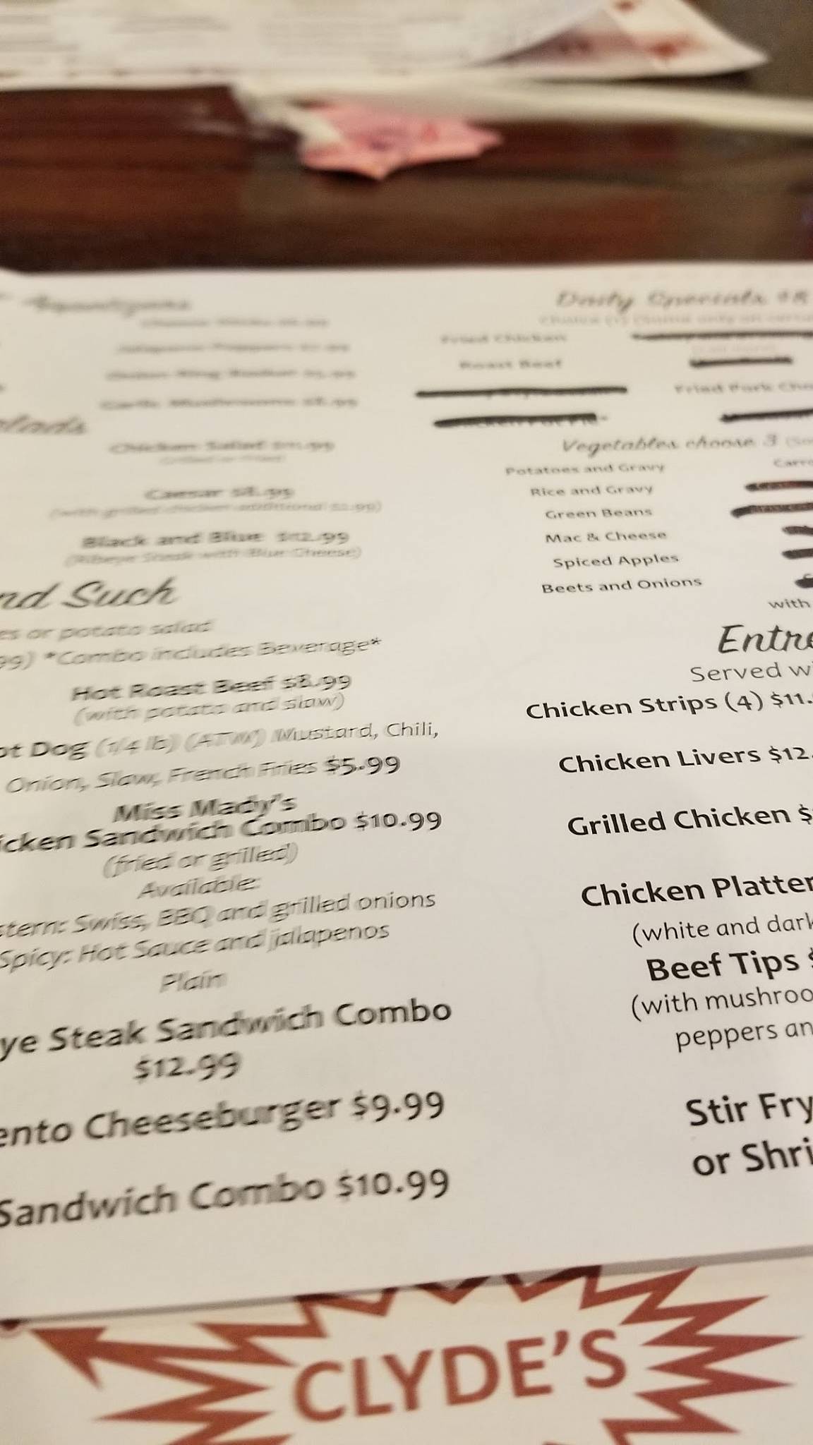 Menu at Clyde's Restaurant, Waynesville