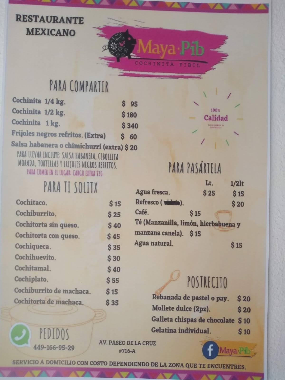 Menu at Cochinita Pibil Maya Pib restaurant, Aguascalientes