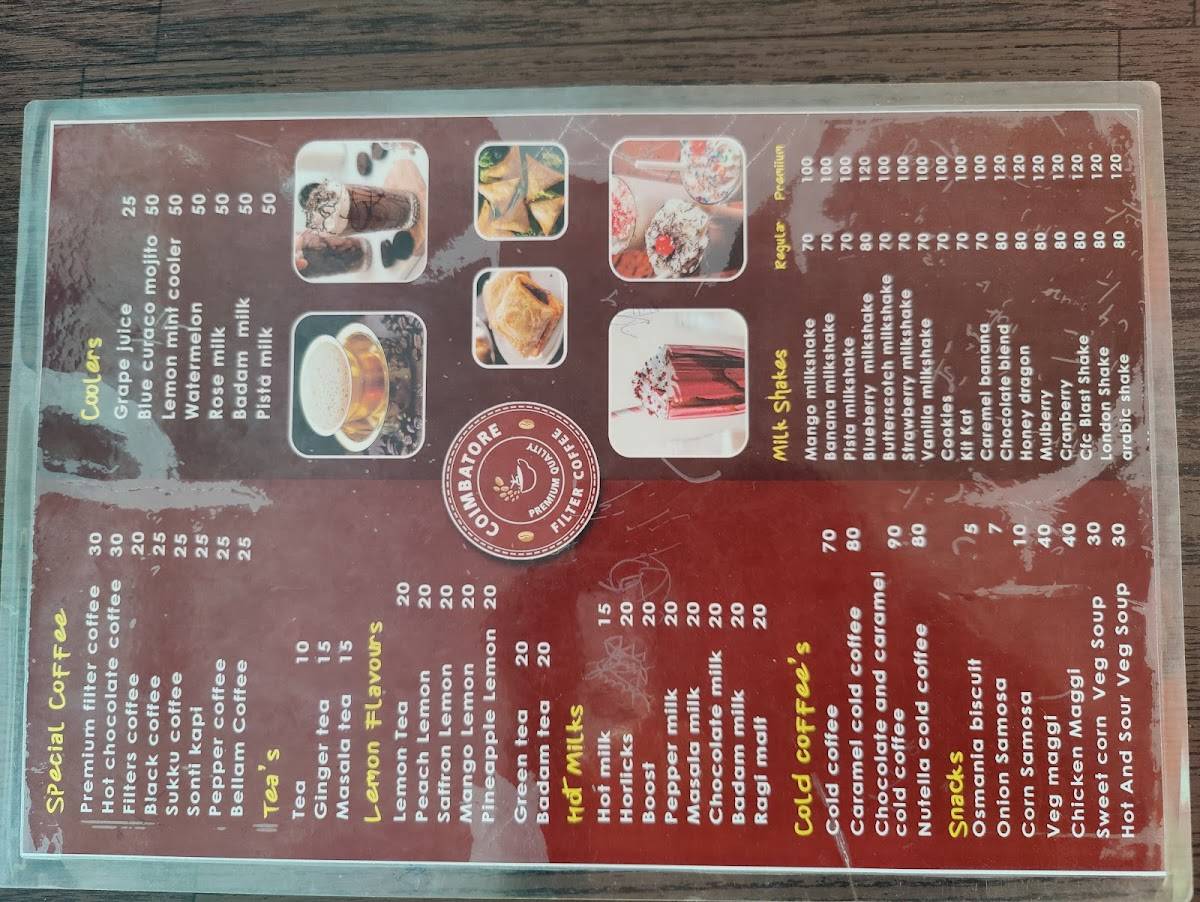 Menu at Coimbatore filter coffee, Rajahmundry, no 86-8-1