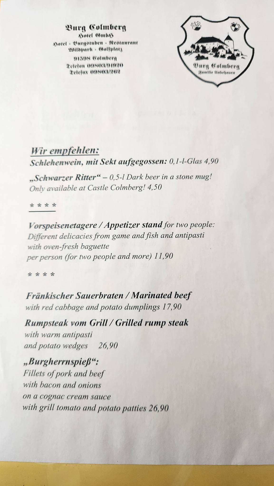 Menu at Colmberg Castle restaurant, Colmberg, Burg
