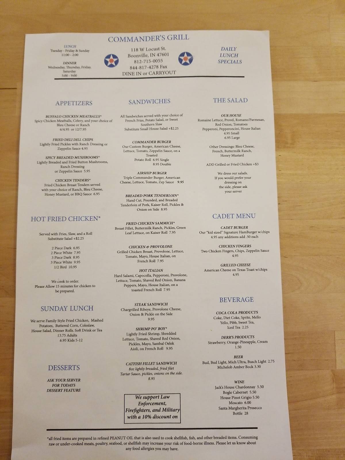 Menu at Commander's Grill restaurant, Boonville