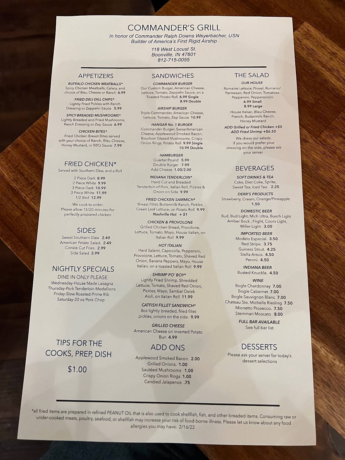 Menu at Commander's Grill restaurant, Boonville
