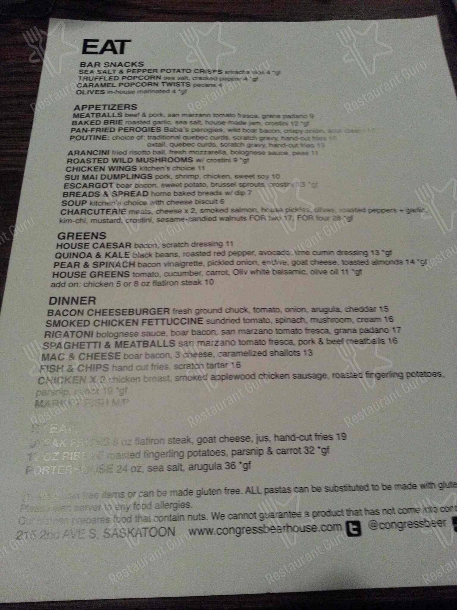 Menu at Congress Beer House pub & bar, Saskatoon