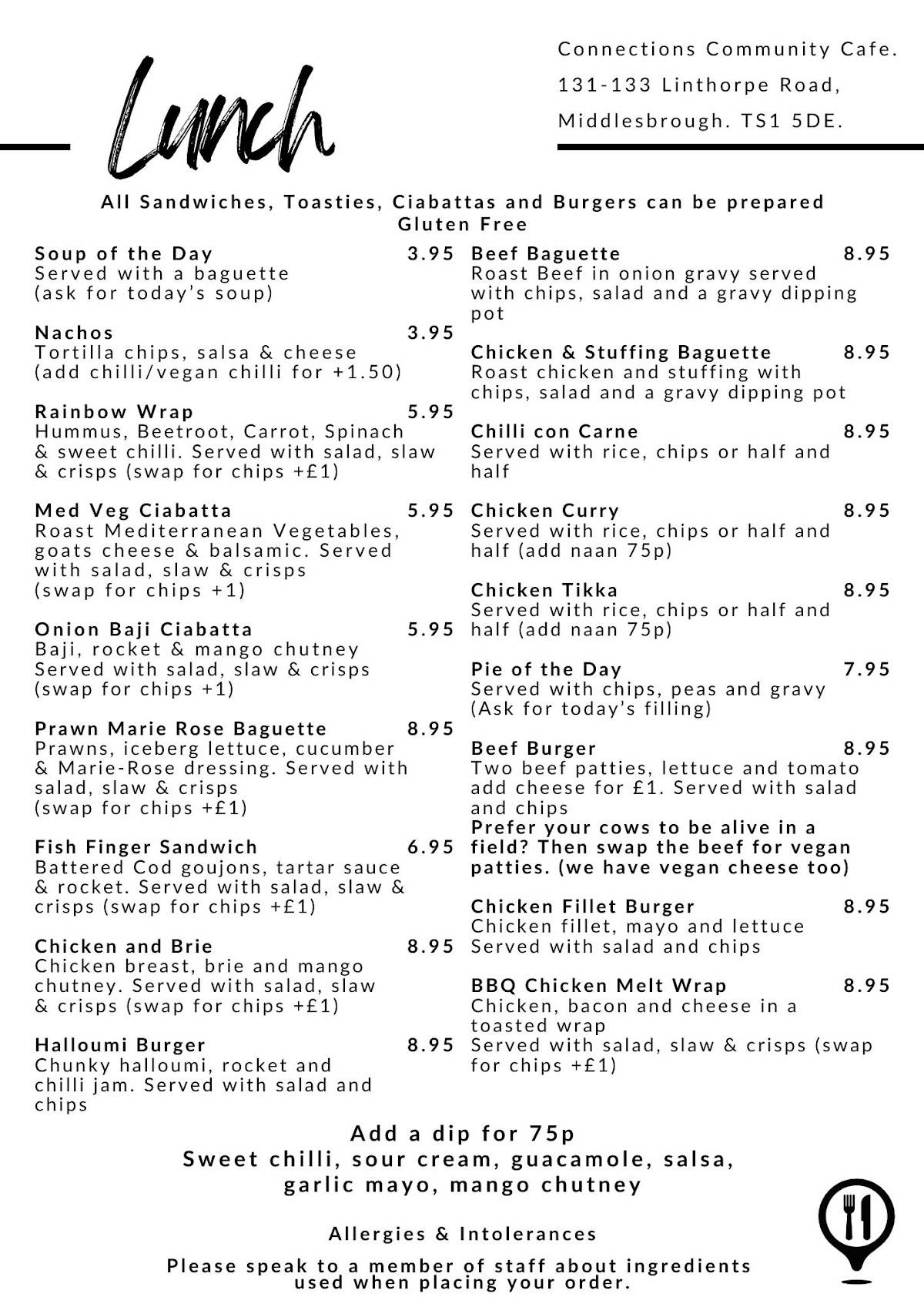 Menu at Connections Community Cafe, Middlesbrough