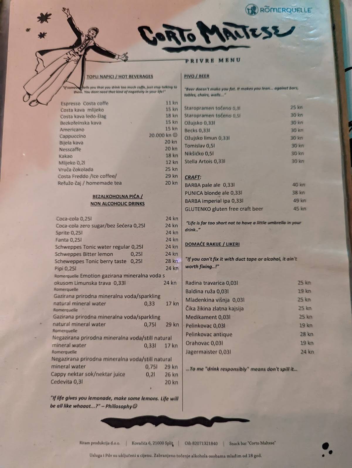 Menu at Corto Maltese Freestyle food restaurant, Split, Obrov ul. 7