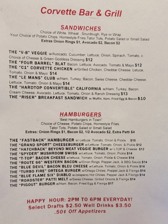 Menu at Corvette Bar & Grill, Grants Pass
