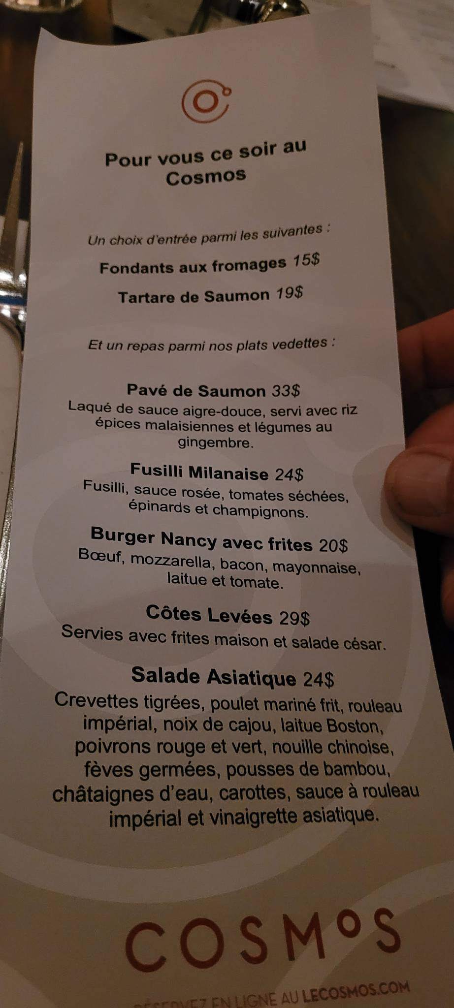 Menu au Cosmos Ste-Foy restaurant, Québec, Bd Laurier